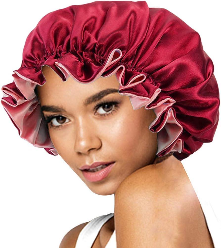 Double Layer Wine Red Satin Bonnet Cap for Women - Curly Hair Silky ...