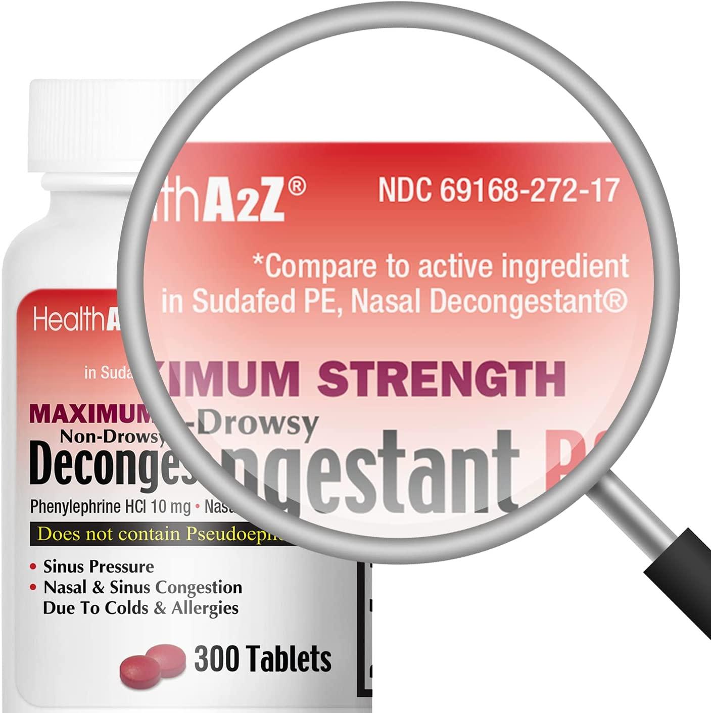 HealthA2Z Decongestant PE 300 Count | Phenylephrine HCl 10mg | Non ...