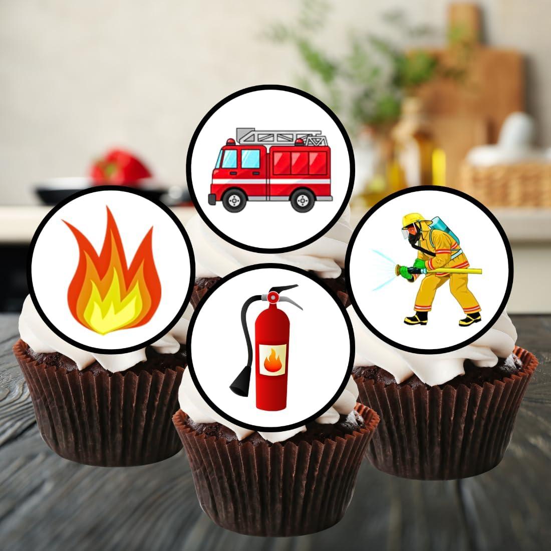 24 PRECUT Fire Engine Cupcake Toppers Fire Service Edible Cake ...