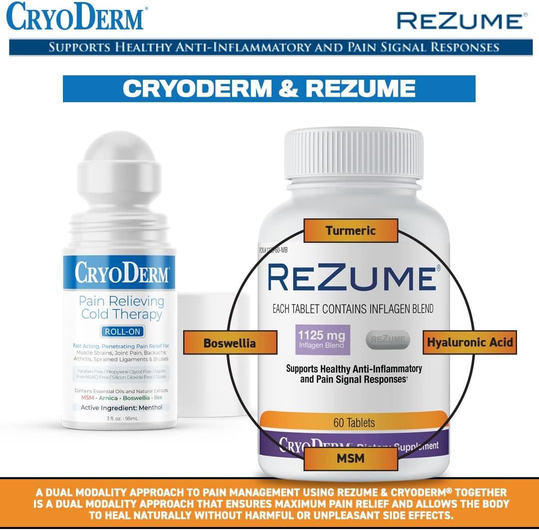 CryoDerm 3 oz Roll On and REZUME 60 ct Bundle - Fast Pain Relief Combo