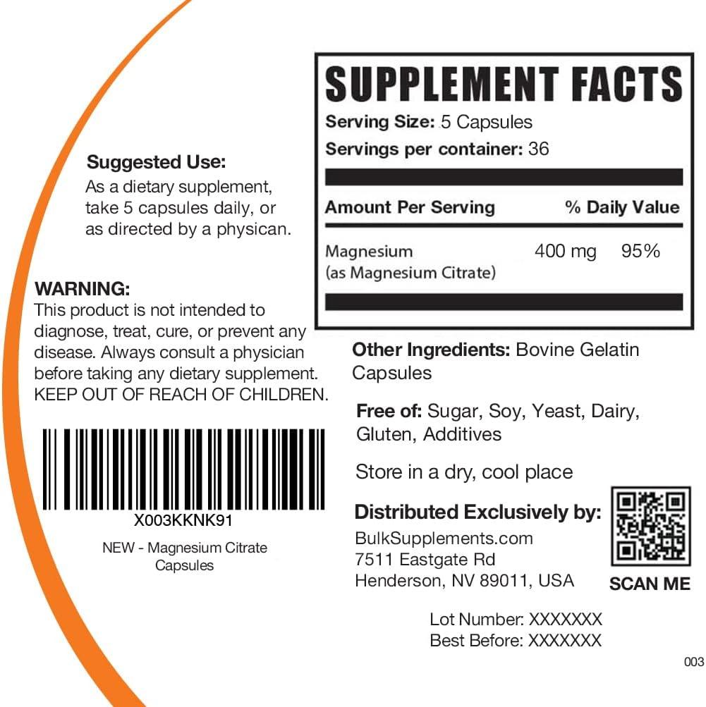 BulkSupplements Magnesium Citrate Capsules 400mg - 180 Count, Gluten ...