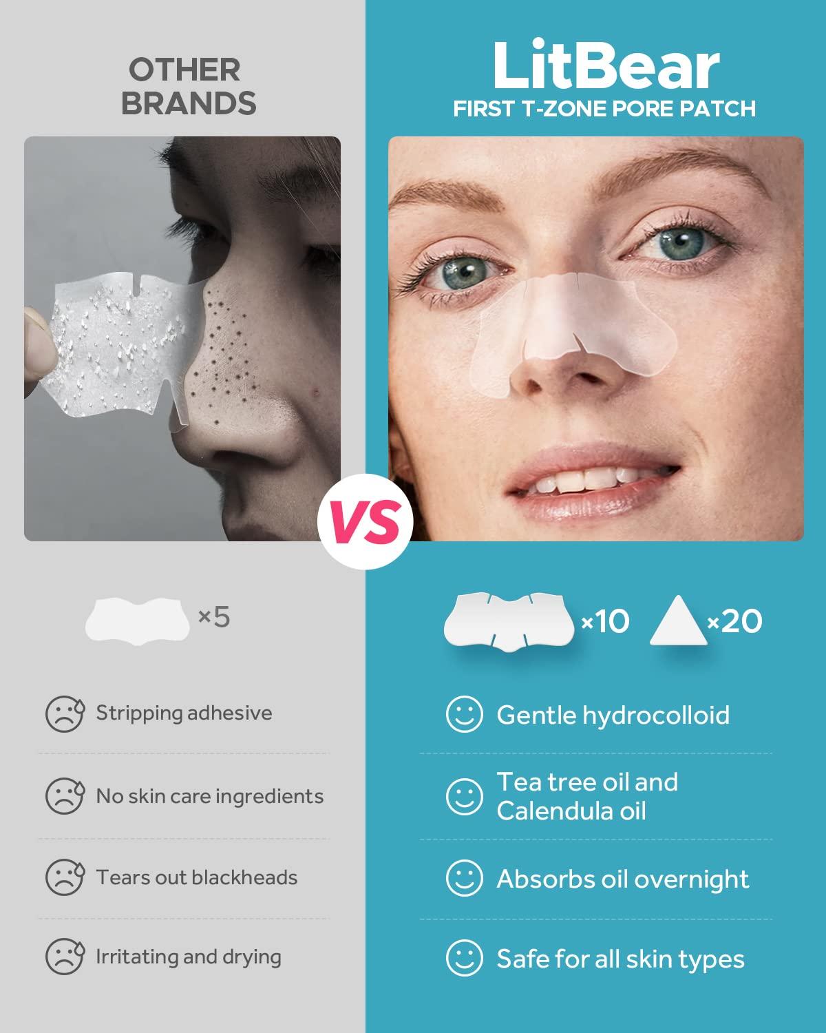 LitBear XL T-Zone Patch - 30 Patches, Hydrocolloid for Nose, Forehead, Chin, Pimple, with Tea ...