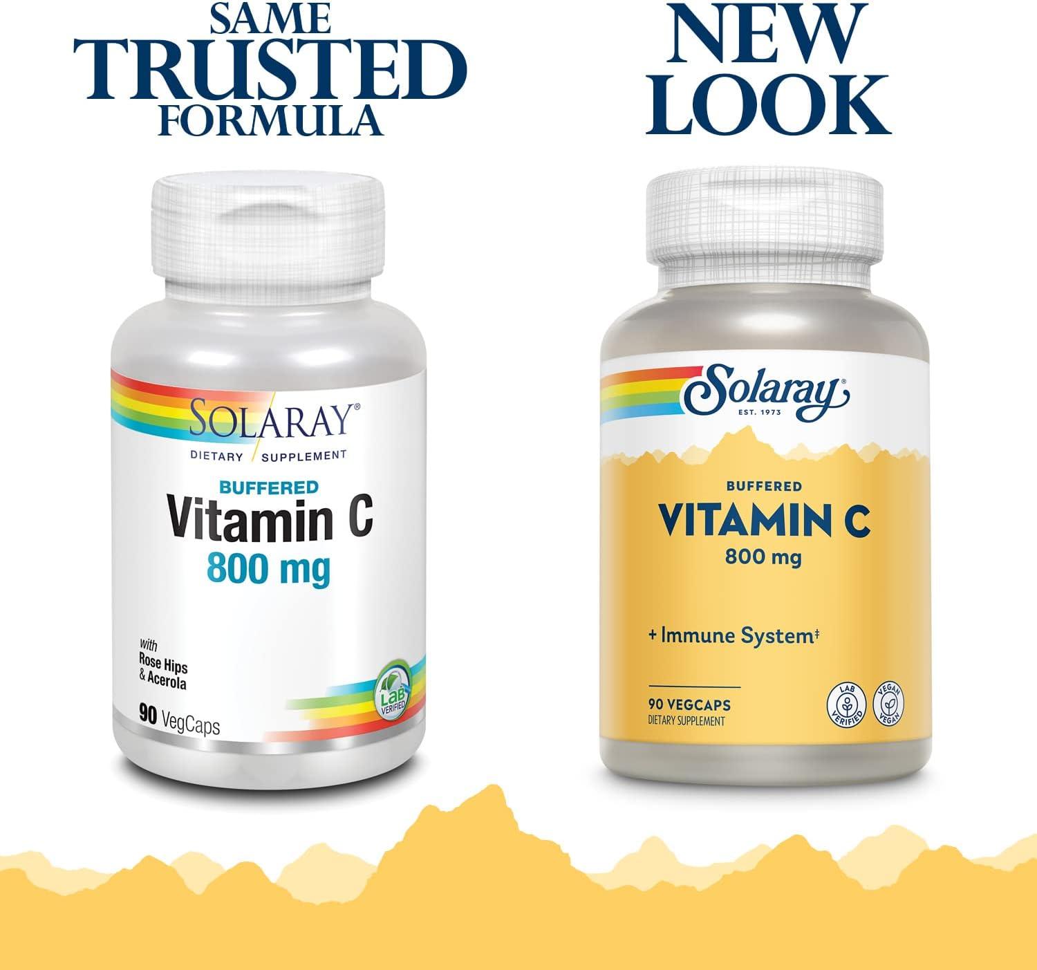 SOLARAY Buffered Vitamin C 800mg with Rose Hips & Acerola 90 VegCaps for Immune, Skin, Bone ...