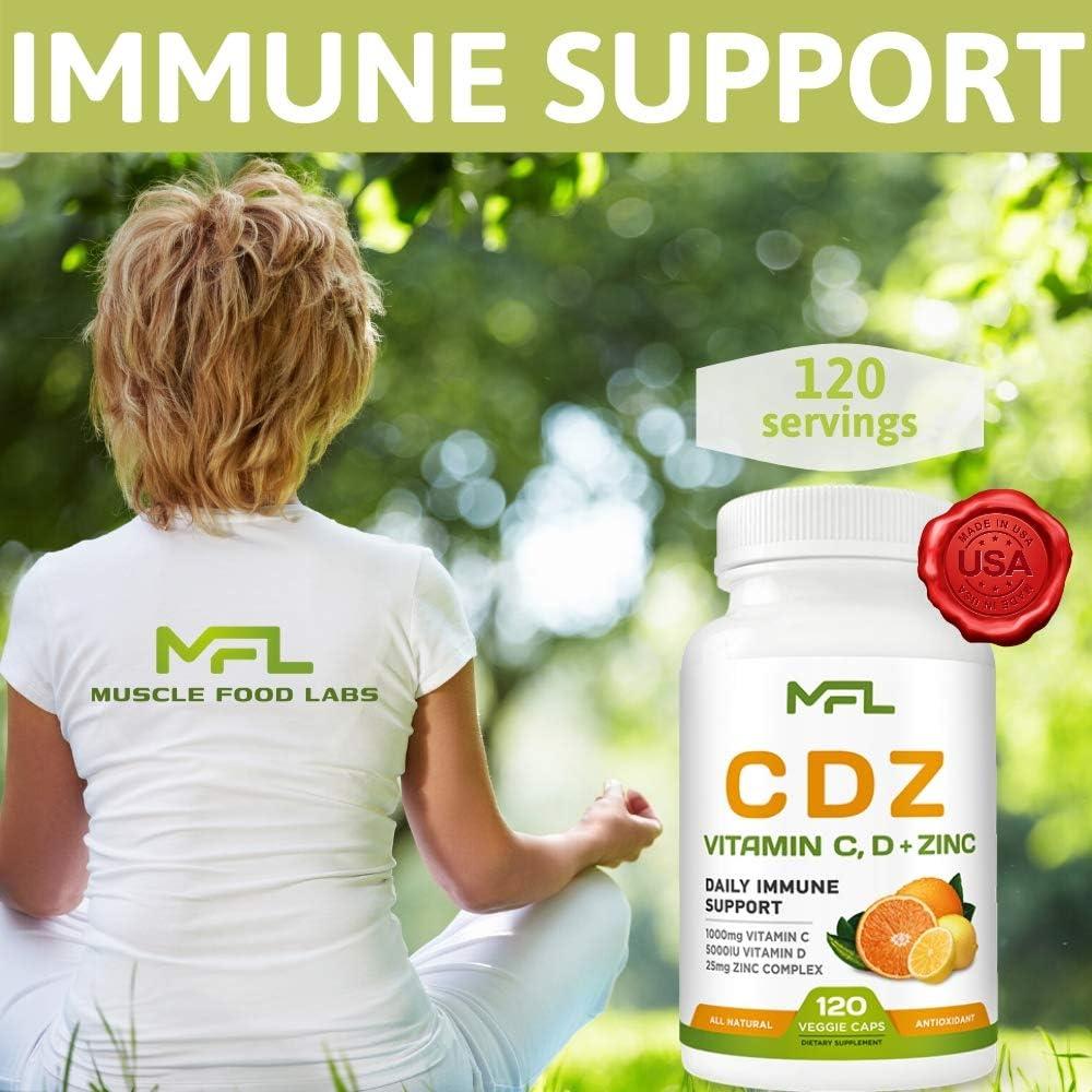 MUSCLE FOOD LABS Vitamin C 1000mg + D3 125mcg + Zinc 25mg | Non-GMO & Gluten Free | 120 Capsules ...