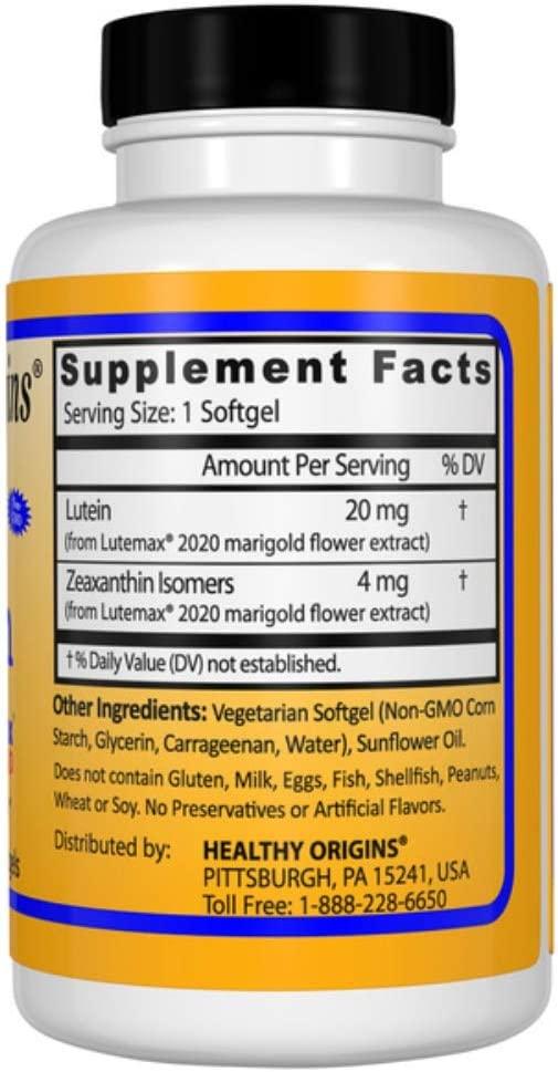Healthy Origins Lutein Lutemax 2020 - 20mg Supplement, 60 Count for Eye ...
