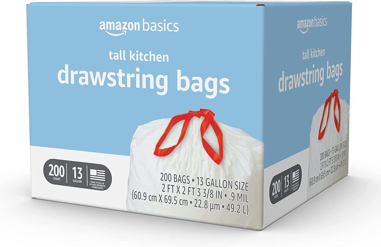 Amazon Basics 13 Gallon Tall Kitchen Trash Bags - 200 Count | Clean ...
