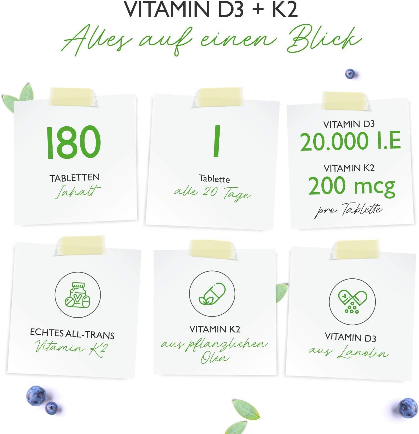 Buy Premium Vitamin D3 20 000 IU + K2 200 McG MK7 - 180 Vegetarian ...