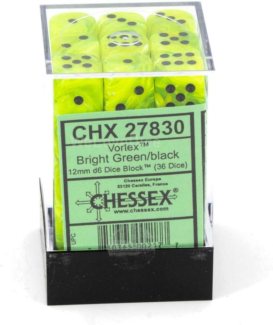 Chessex Vortex Bright Green with Black d6 Dice Set - 12mm 6-Sided Die ...