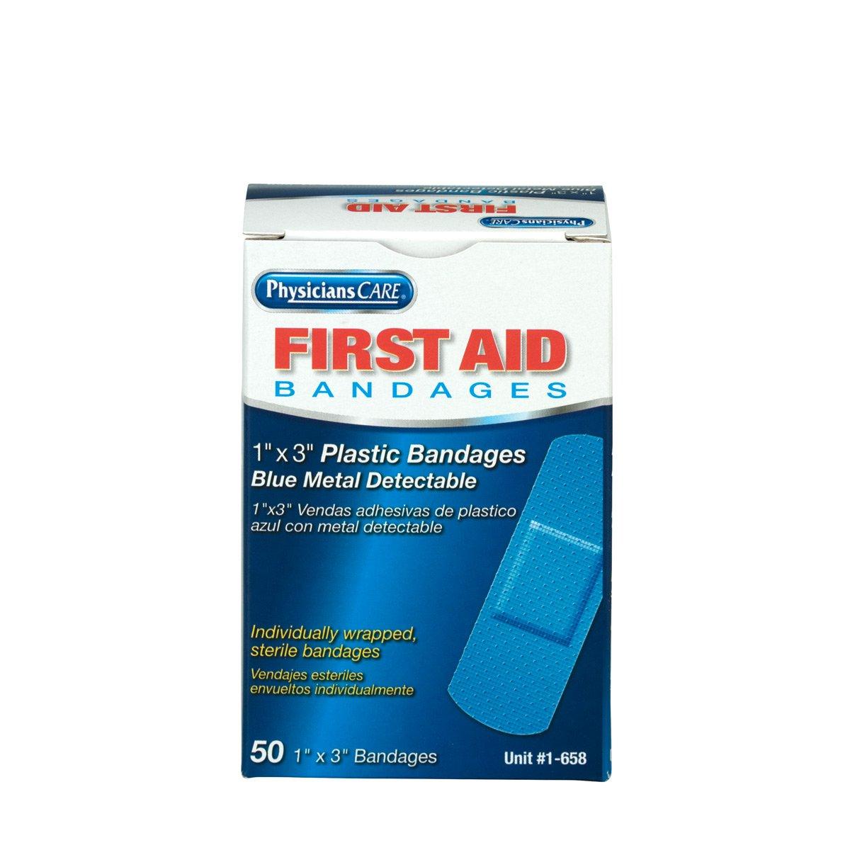 First Aid Only Metal Detectable Blue Plastic Bandages 1x3 Inch - 50 ...