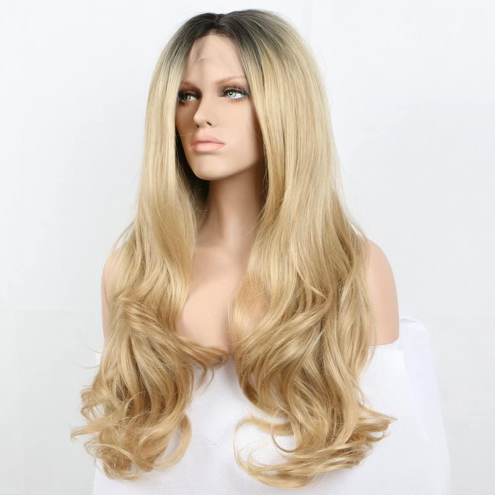 Blonde Ombre Wig with Dark Roots - Long Wavy Curl Synthetic Lace Front ...