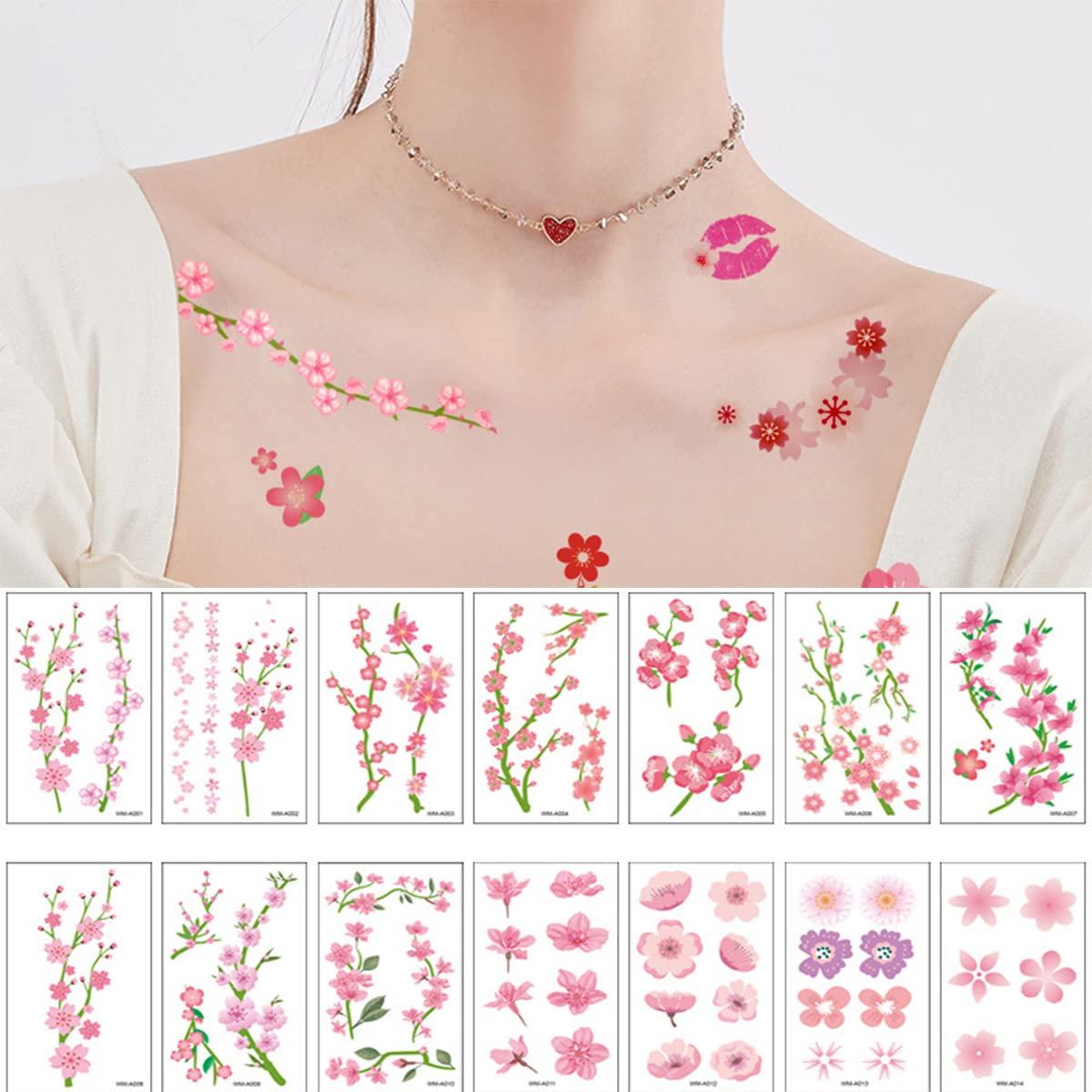 3D Pink Cherry Blossom Flower Temporary Tattoos for Women - Waterproof ...