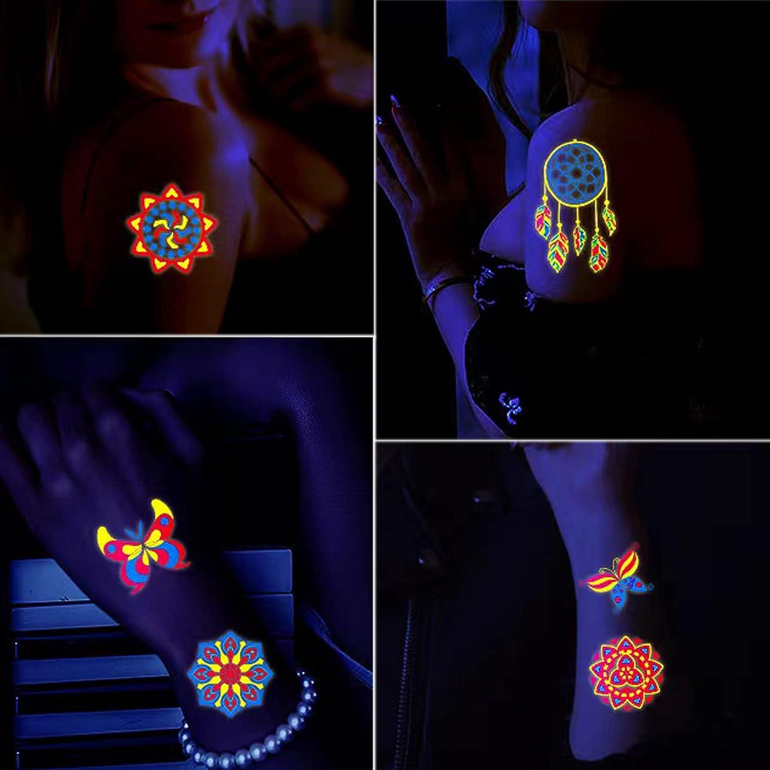 Neon Glow in the Dark UV Temporary Tattoos - 20 Large Sheets for Women ...