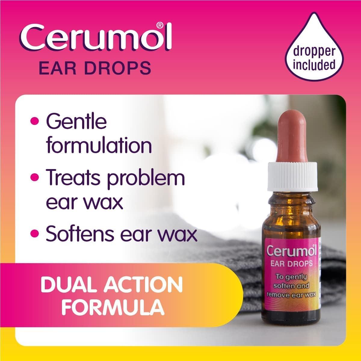 Cerumol Dual Action Ear Drops 10ml Gentle Formulation Helps Relieve Symptoms of Ear Wax Softens ...