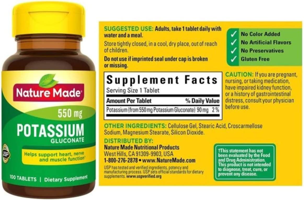 Nature Made Potassium Gluconate 550mg | 100 Tablets | No Artificial ...
