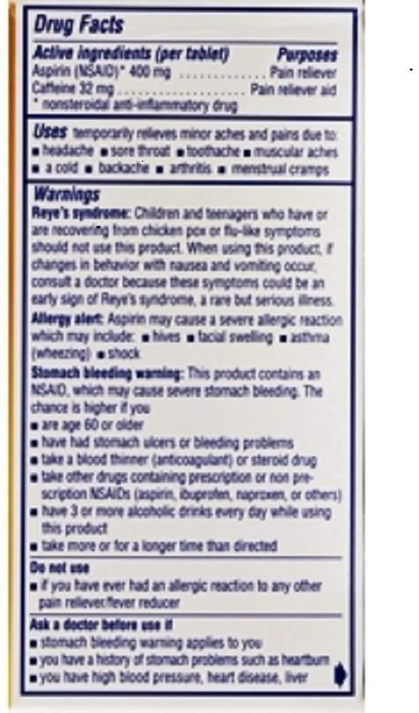 Anacin Aspirin Caffeine Pain Reliever 100 Tablets - Fast Acting NSAID ...