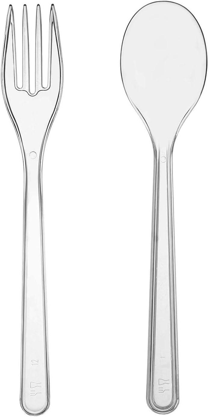 TashiBox Heavyweight Clear Plastic Cutlery Set - 100 Forks + 50 Spoons ...