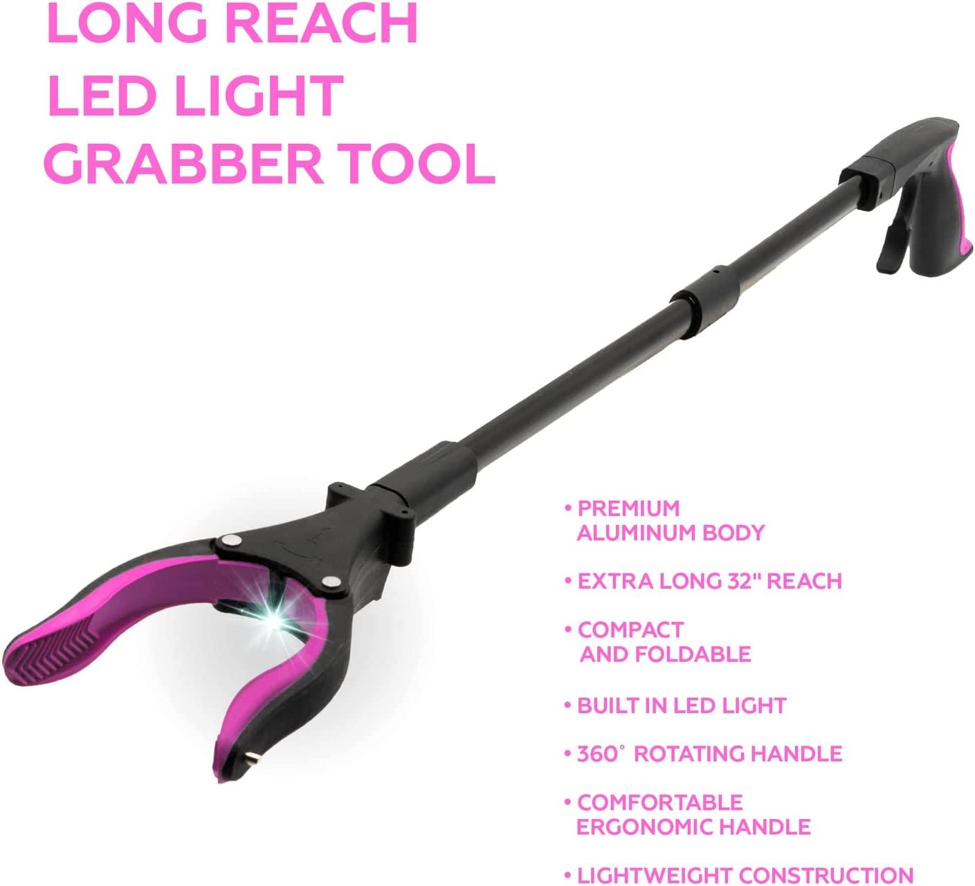 Luxet 32 Inch Pink Grabber Reacher Tool with LED Light and Magnetic Tip ...