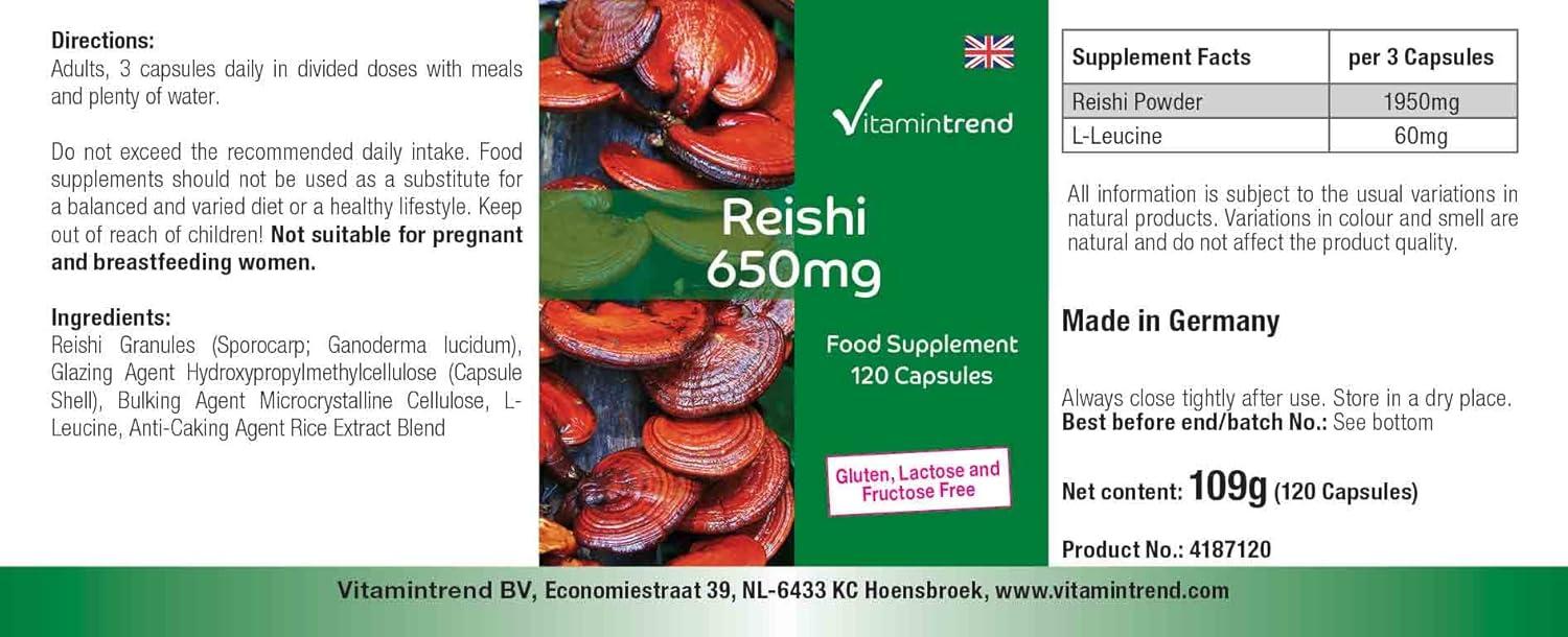 Reishi Powder 650mg - 120 Capsules Functional Vital Fungus Adaptogen ...