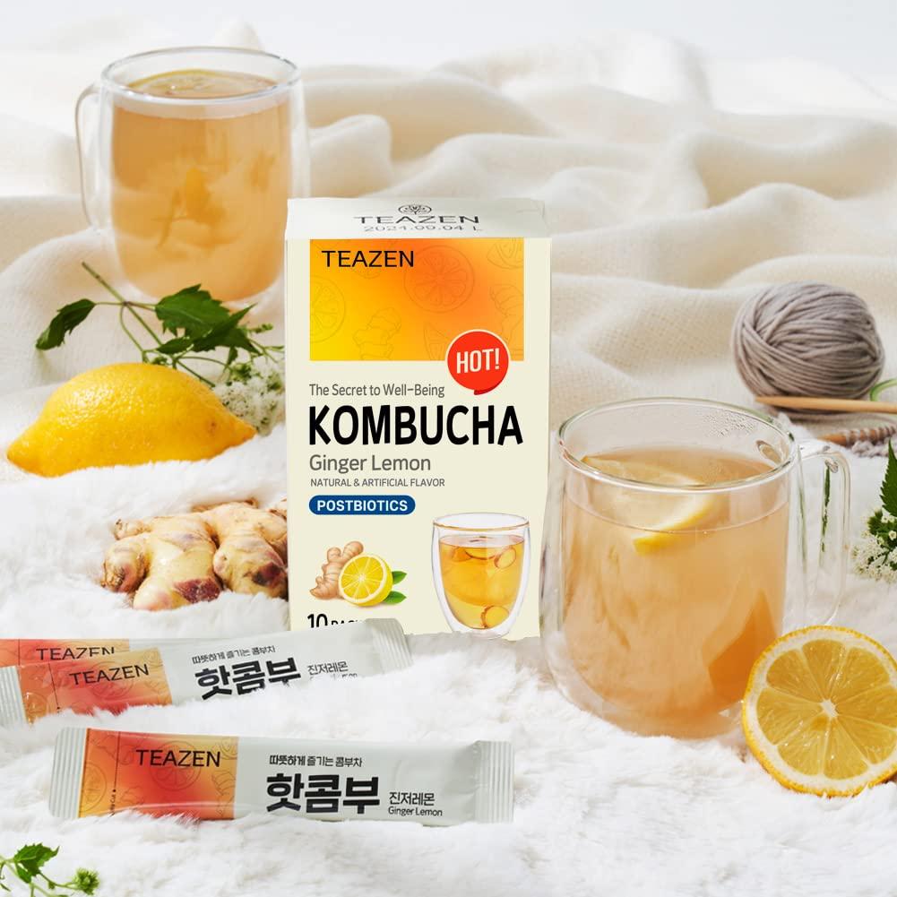 TEAZEN Lemon Ginger Hot Kombucha Tea Live Probiotics & Postbiotics Relaxation and Warmth for ...