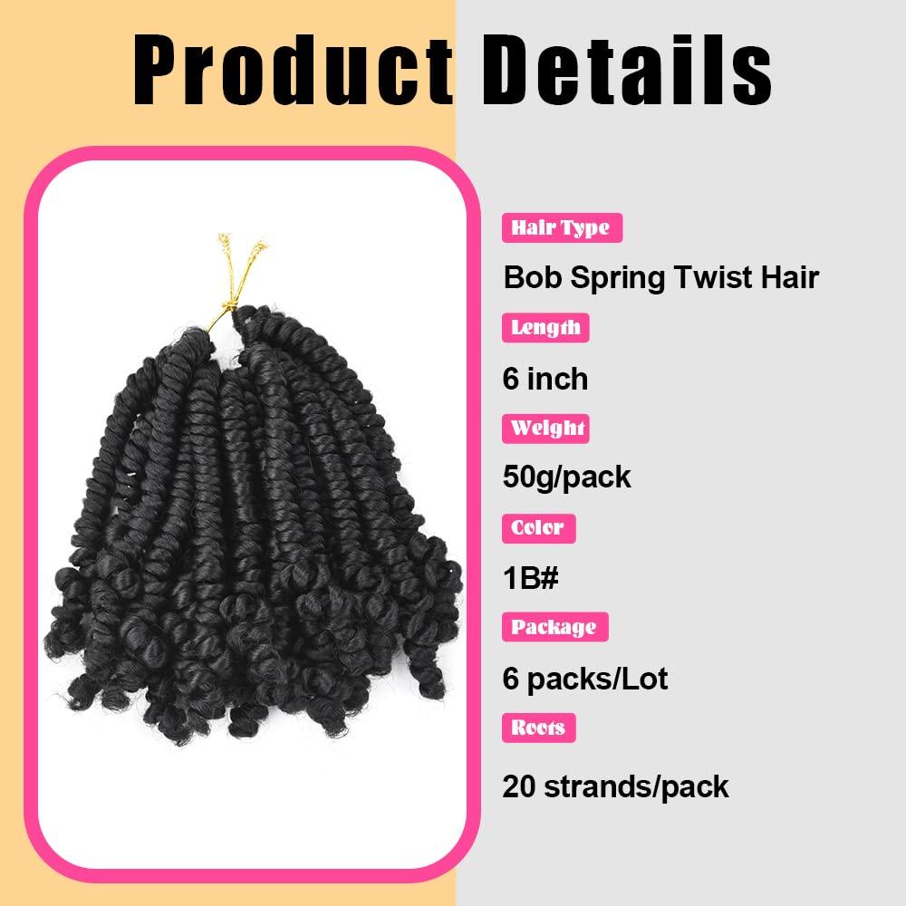 6 Packs Short Bob Spring Twist Crochet Hair 6 Inch - Pre-looped Passion ...