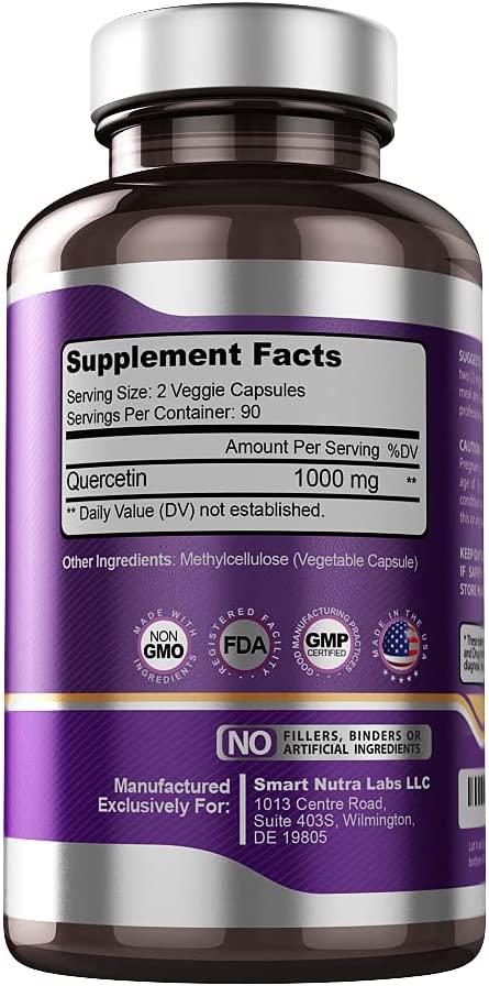 1000mg Quercetin Capsules - 180 Vegan, Pharmaceutical Grade Supplement ...