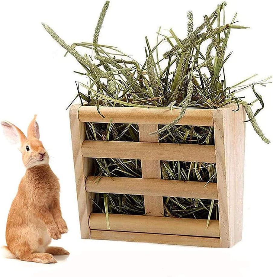 ANCLLO Rabbit Hay Feeder Rack Wooden Wall-mountable Hay Manger for ...