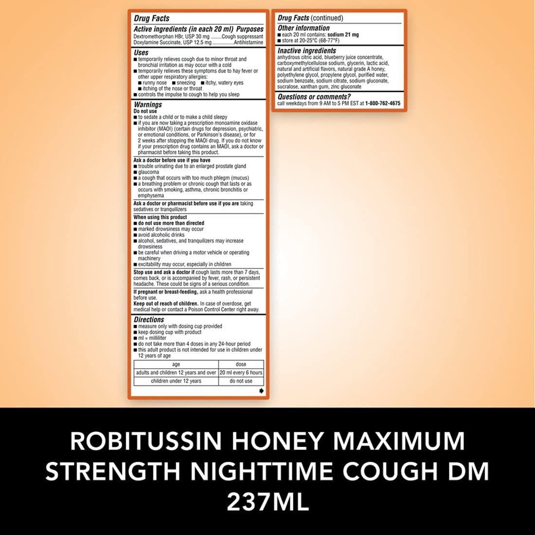 Robitussin Maximum Strength Honey Nighttime Cough DM - 8 Fl Oz Bottle ...