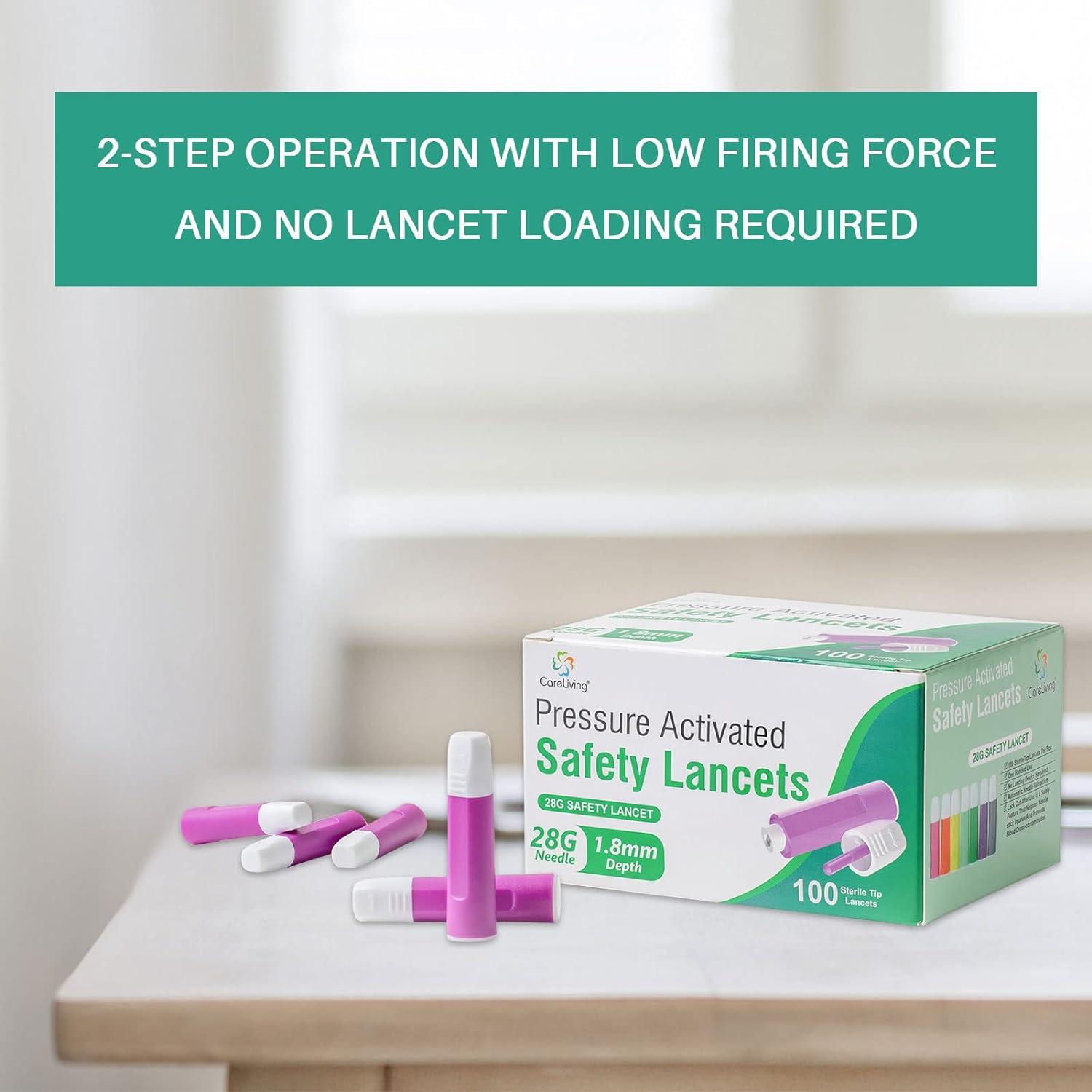 CareLiving Safety Lancets 28G 1.8mm 100-Count Single-Use Sterile Push ...