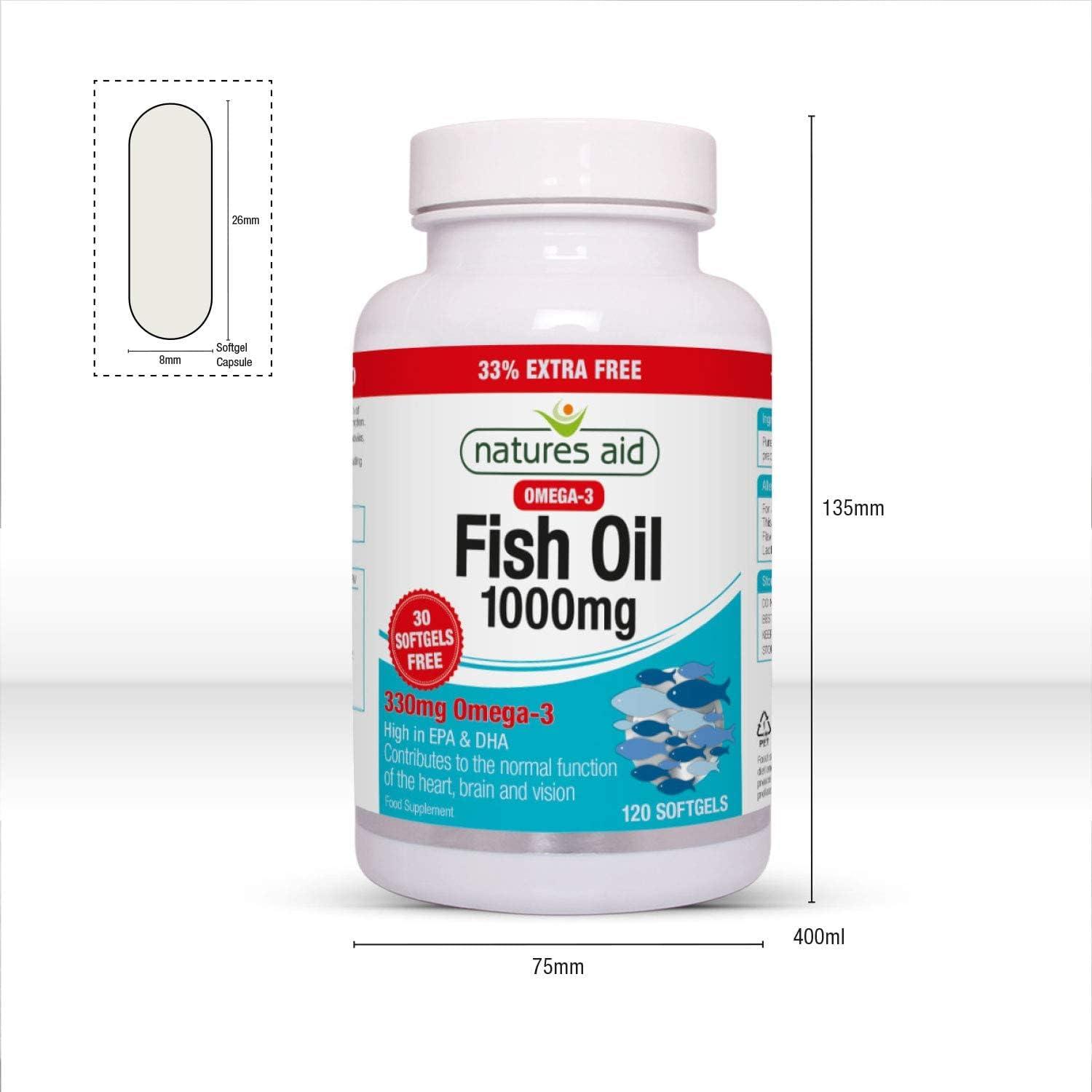 Natures Aid Fish Oil 1000mg | Omega 3 (180mg EPA & 120mg DHA) | 120 ...