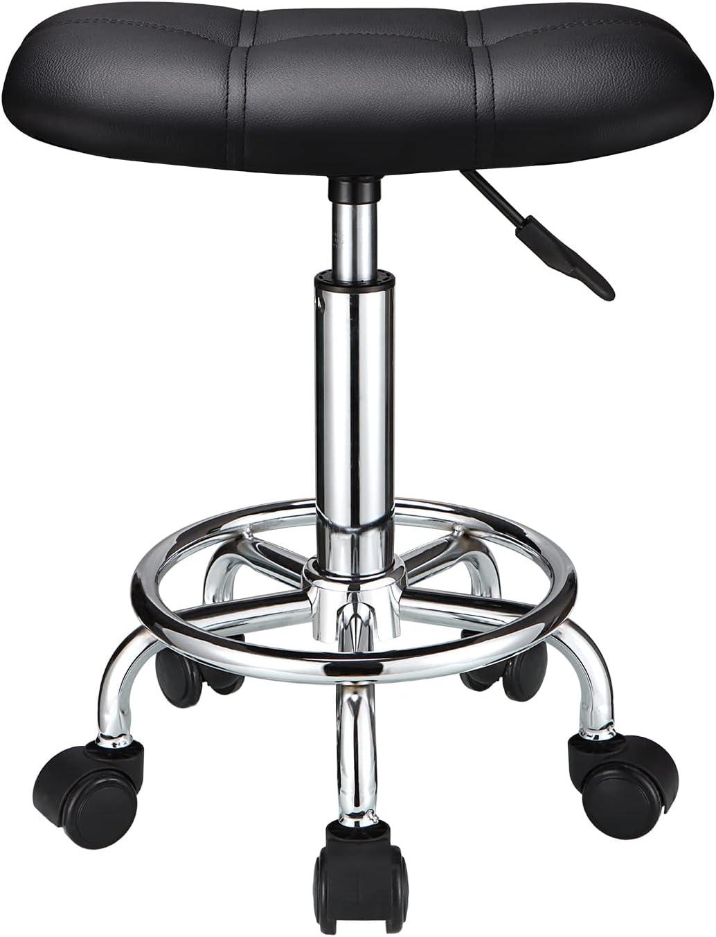 Square Rolling Stool with Adjustable Height and Swivel Wheels - Black ...