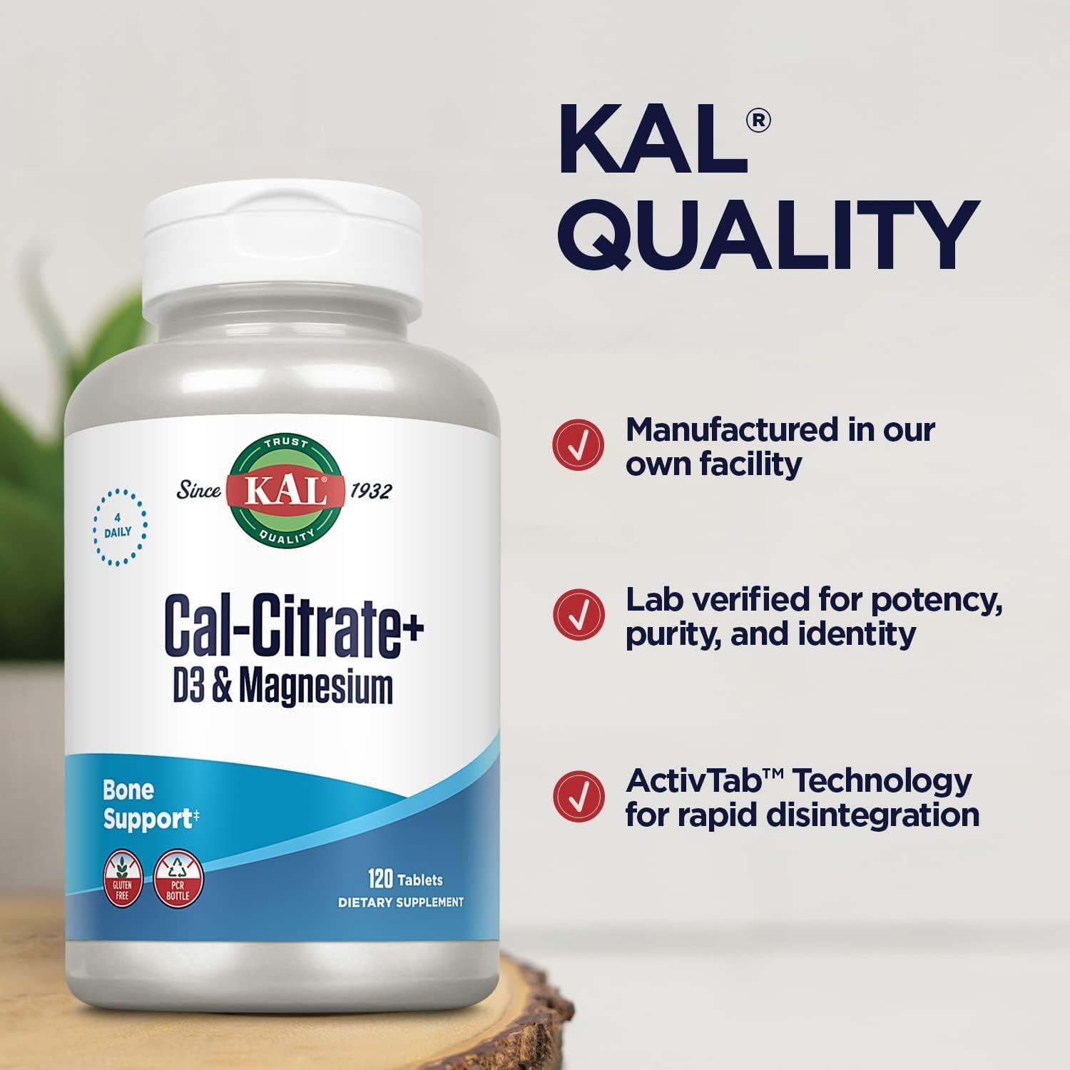 KAL Cal-Citrate+ Calcium Citrate with Vitamin D-3 & Magnesium - 120 ...