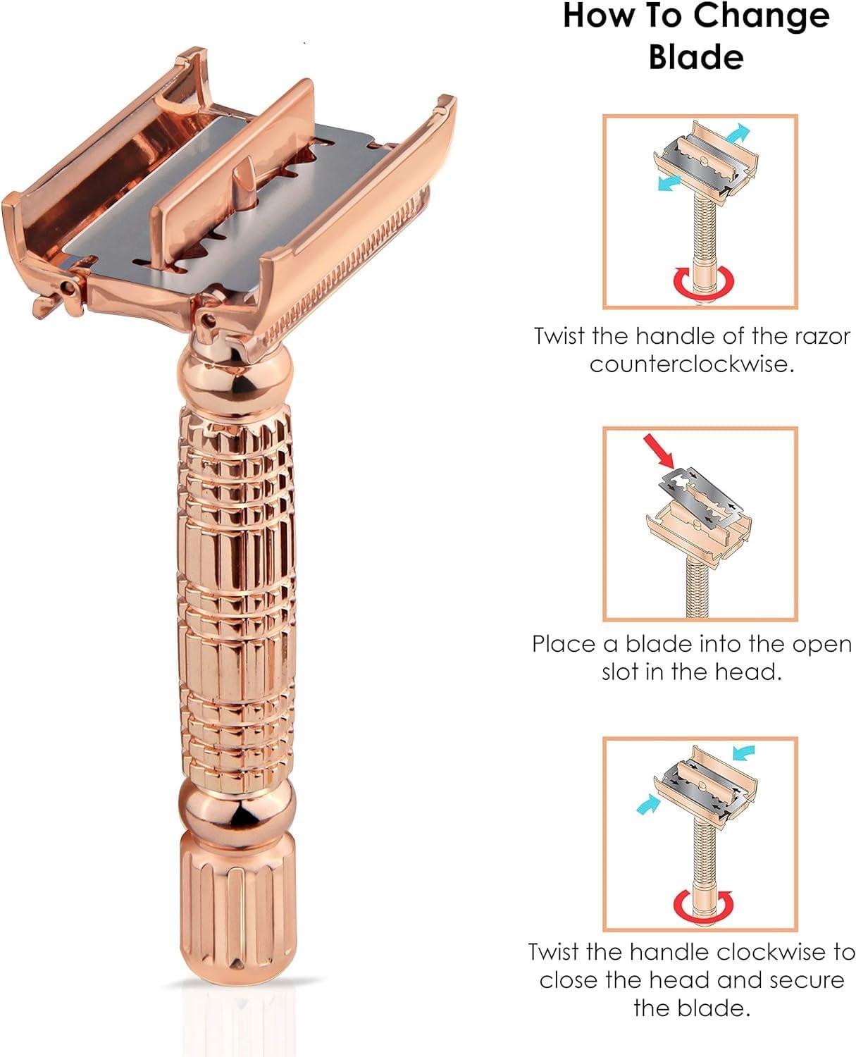 Kanzy Butterfly Rose Gold Safety Razor for Women & Men - Double Edge Single Blade Metal Reusable ...