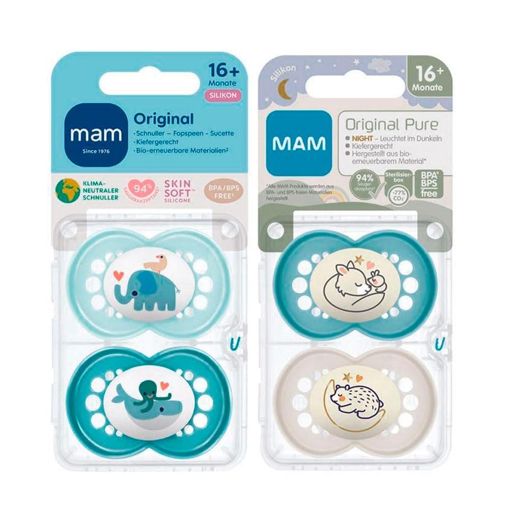 MAM Day & Night Silicone Pacifier Set (16+) - 4 Pacifiers & 2 ...