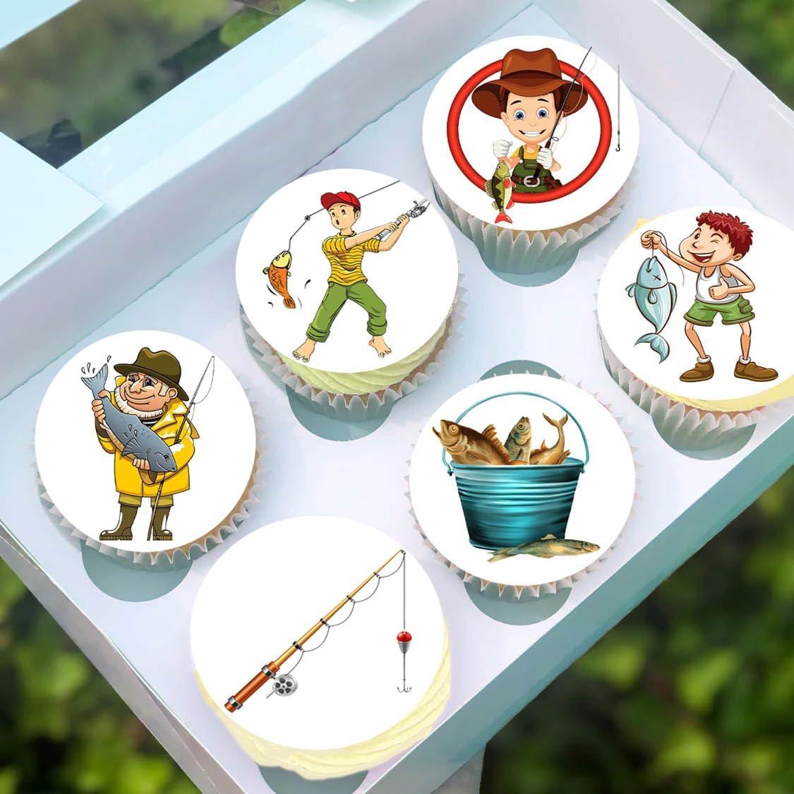 24 x Pre-Cut Fishing 1 Edible Stand up Wafer Paper Cupcake Toppers Cake ...