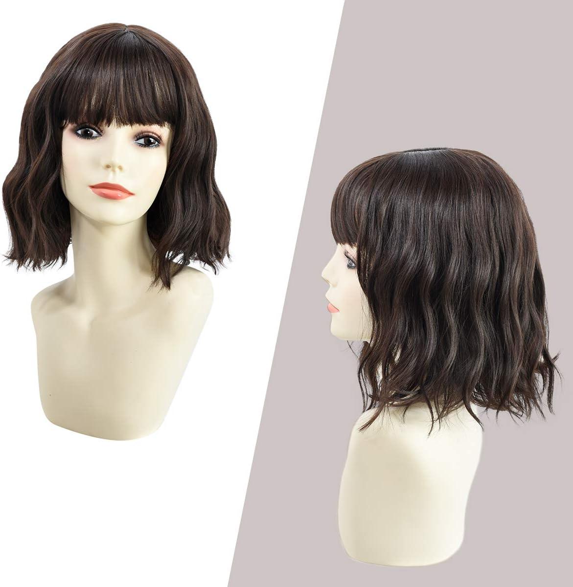 Wavy Bob Wig with Bangs - Natural Brown Synthetic Hair Shoulder Length ...