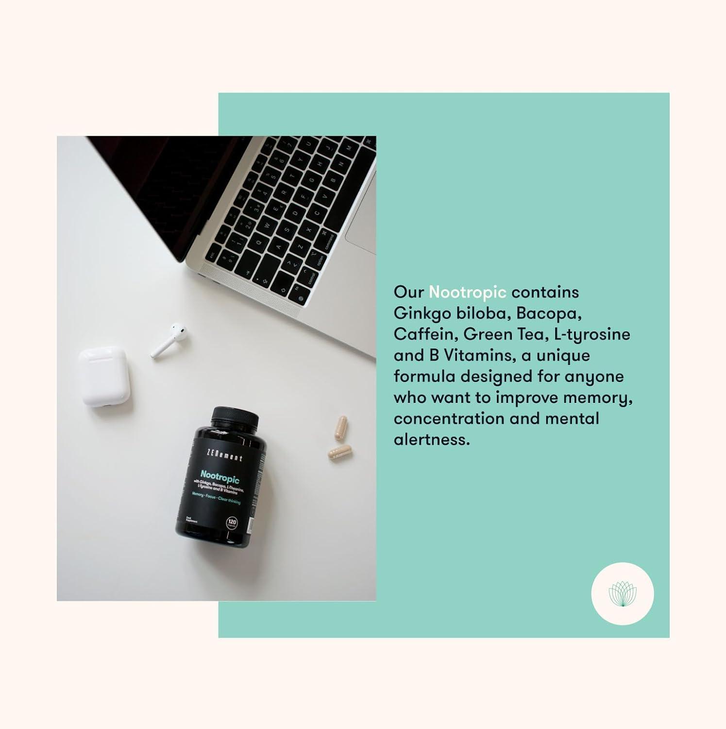 Nootropic with Ginkgo Biloba, Bacopa, Green Tea, Tyrosine, B Vitamins ...