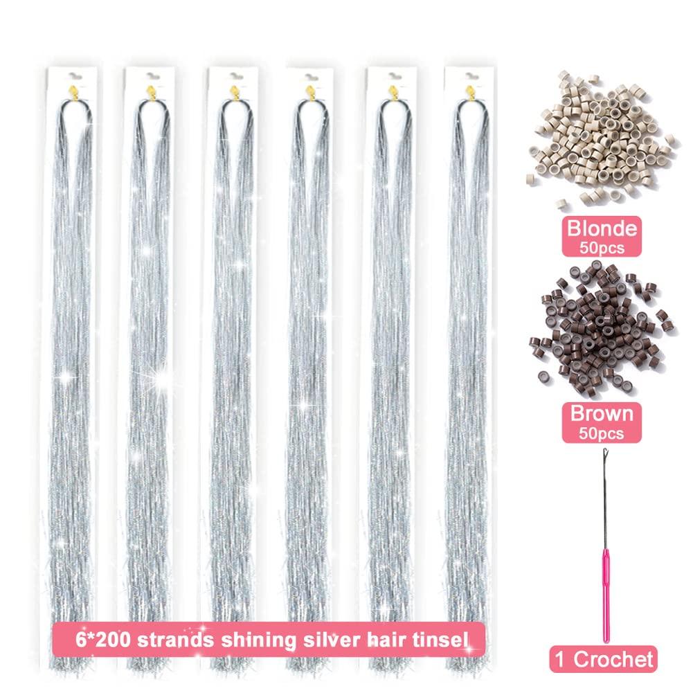 Silver Hair Tinsel Kit - 1200 Strands, Heat Resistant Fairy Tinsel for Halloween & Christmas ...
