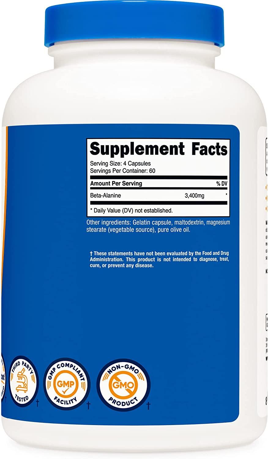 Nutricost Beta-Alanine Capsules 3400mg - 240 Capsules | Gluten-Free ...