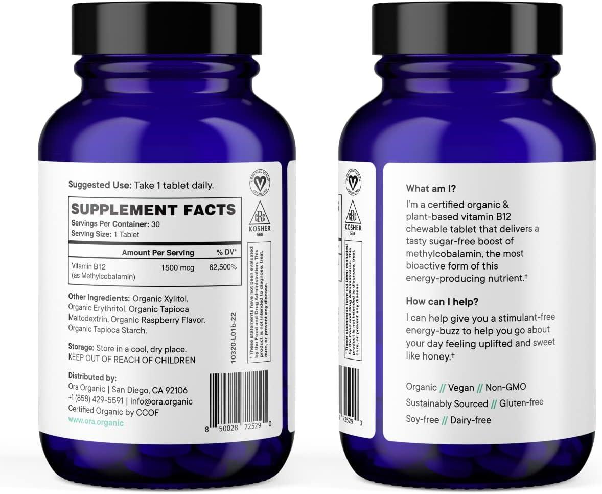 Ora Organic Vitamin B12 1500mcg - Plant-Based Methylcobalamin Energy ...