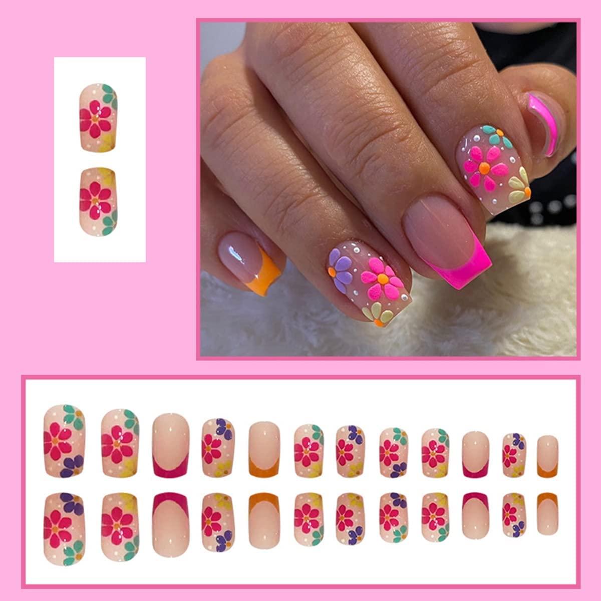 Daisy Short Square Press on Nails - 24 pcs Glossy French Tip Fake Nails ...