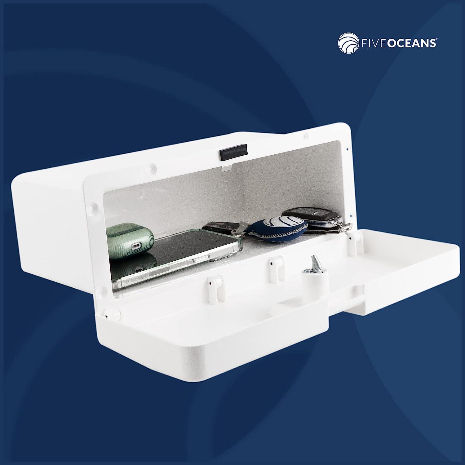 Five Oceans Lockable Boat Glove Box with 2 Keys - High-Impact UV-Resistant White ABS Plastic ...