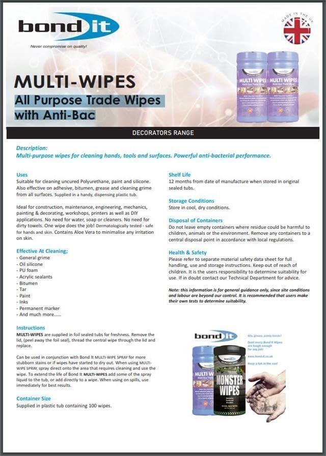 BondIt Multi Wipe Trade Hand Wipes Adhesive Sealant Clean Paint Oil Glu ...