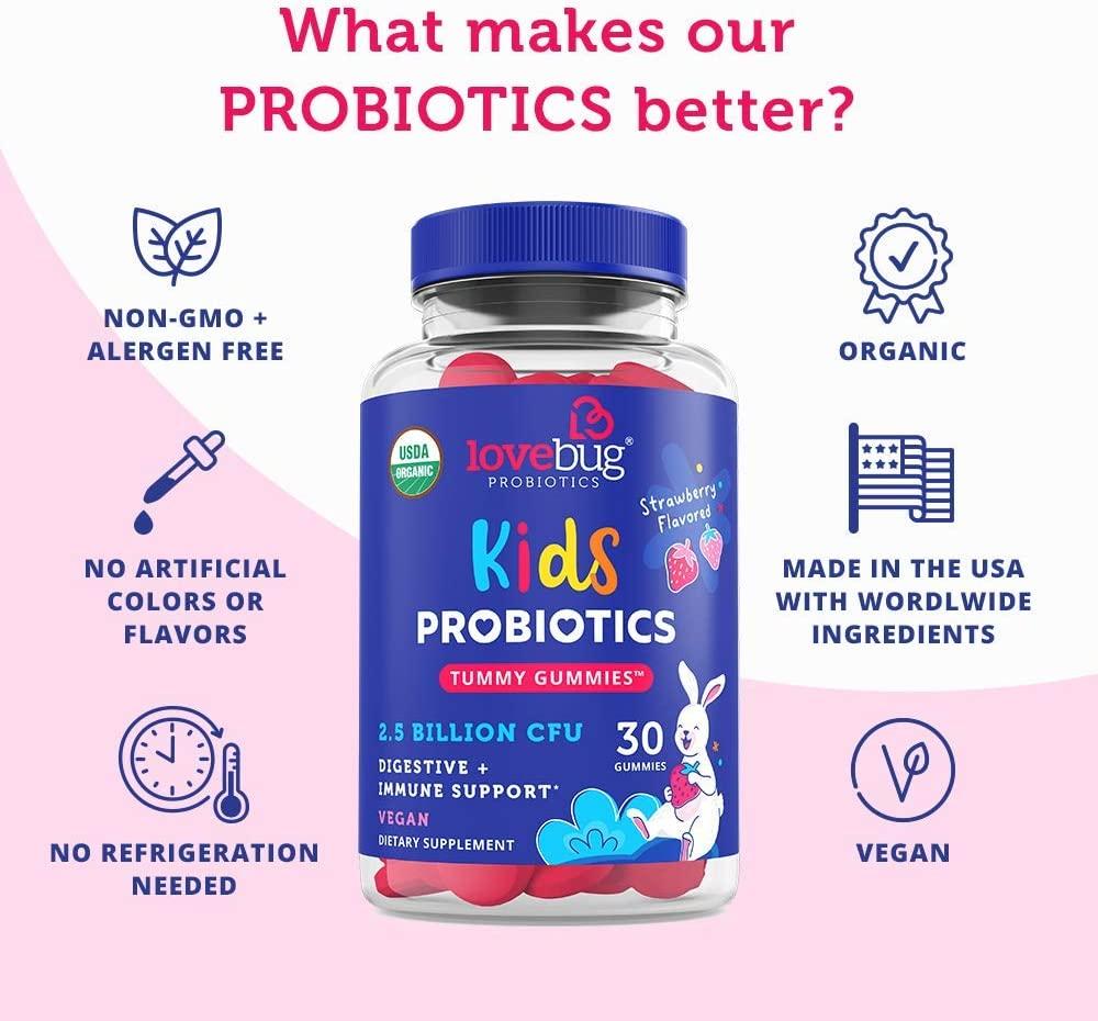 LoveBug Kids Probiotics Gummies - Strawberry Flavor, 2.5 Billion CFU ...