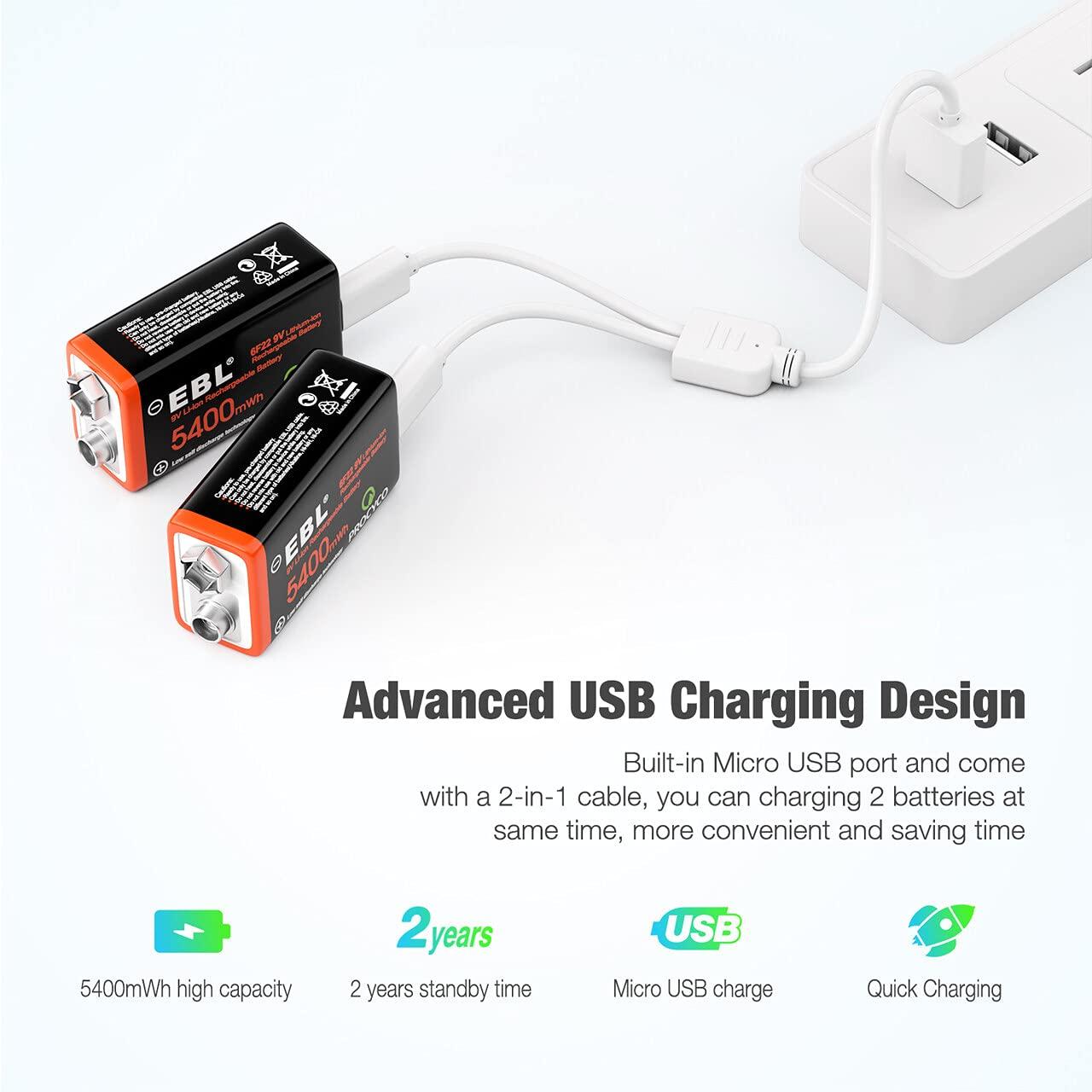 EBL Rechargeable 9V Lithium Batteries 5400mWh USB 9 Volt Li-ion ... EBL Rechargeable 9V Lithium Batteries 5400mWh USB 9 Volt Li-ion ...
