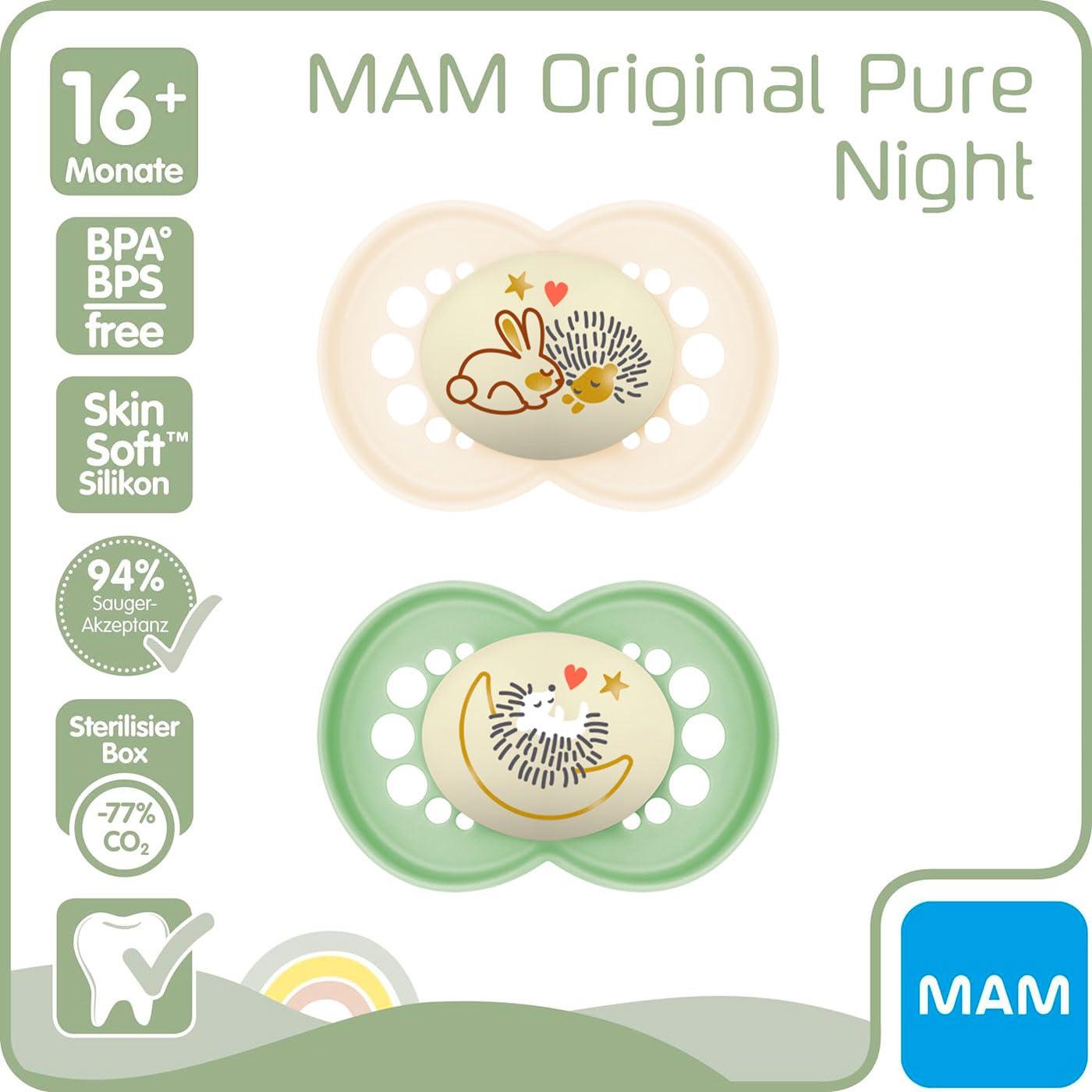 MAM Night SkinSoft Silicone Pacifier Set of 4 - Includes 2 Sterilized ...