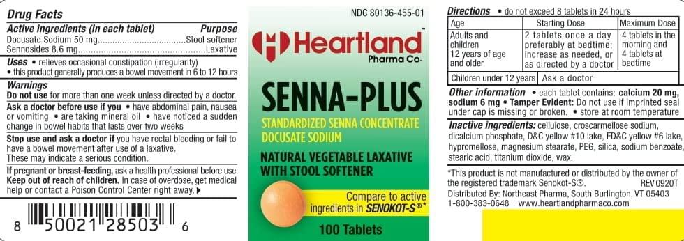 Heartland Pharma Senna Plus Stool Softener and Laxative Tablets - 100 ...
