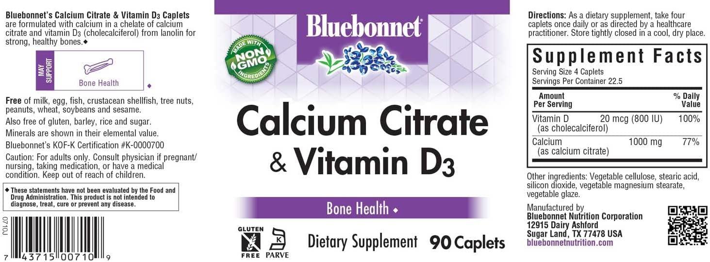 Bluebonnet Calcium Citrate Plus Vitamin D3 90 Caplets - Essential Bone ...