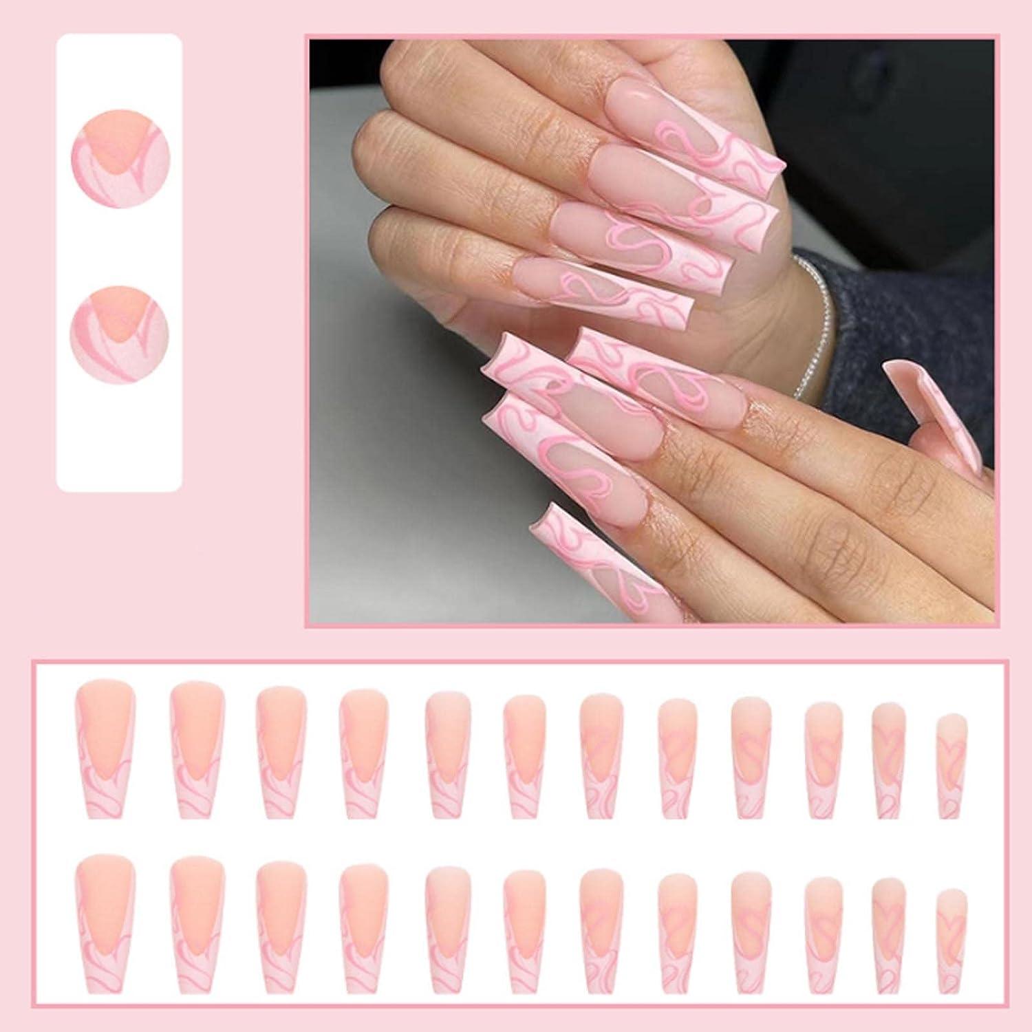 Kamize Line Pink Press on Acrylic Coffin False Nails - 24PCS | Buy Now ...