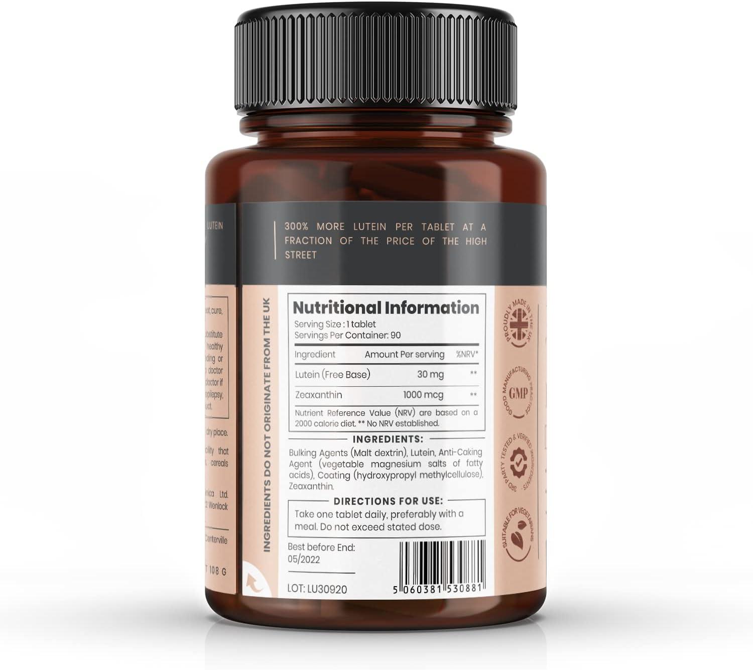 Lutein 30mg x 360 Tablets - Triple Strength Formula with Zeaxanthin | 4 ...