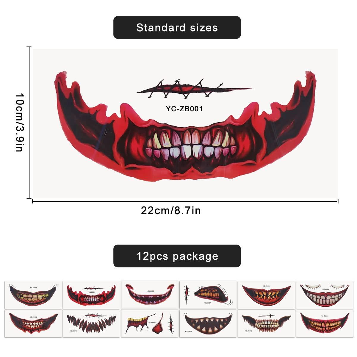Halloween Prank Makeup Temporary Tattoo Kit - 12PCS Clown Horror Mouth ...